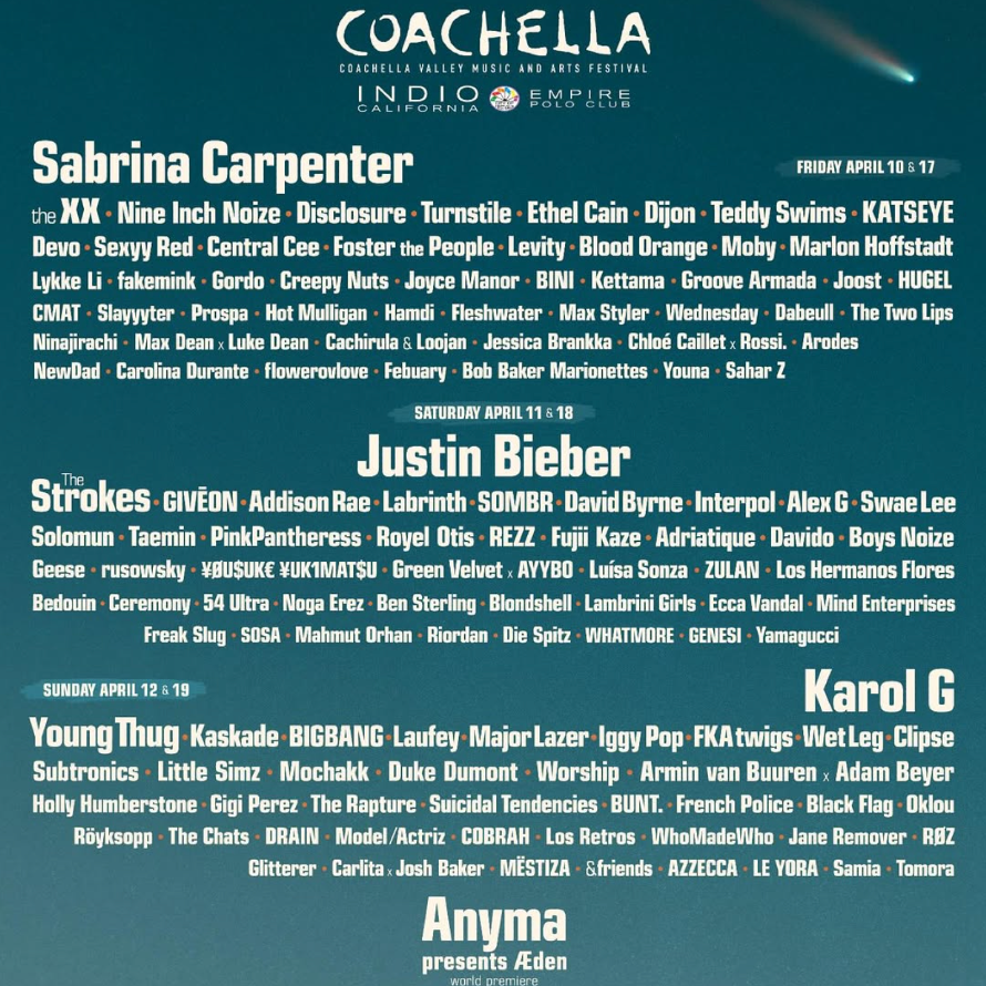 Justin Bieber, Sabrina Carpenter, Karol G, Anyma to Headline Coachella ...